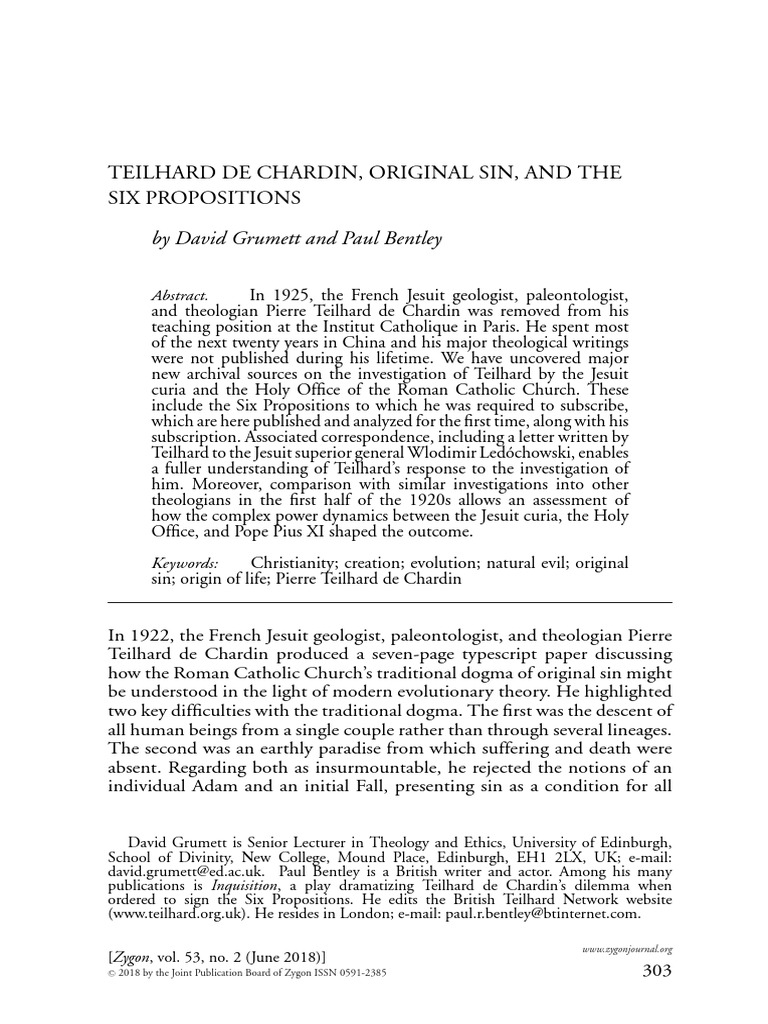 Teilhard de Chardin, Original Sin, and Thesix Propositions | Download ...