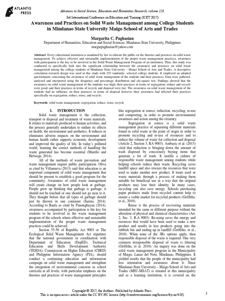 Awareness and Practices On Solid Waste Management Among College ...