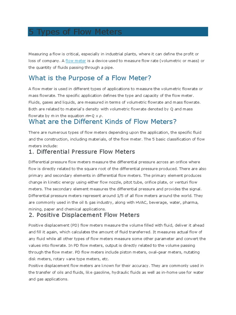5 Types of Flow Meters | PDF | Flow Measurement | Fluid Dynamics