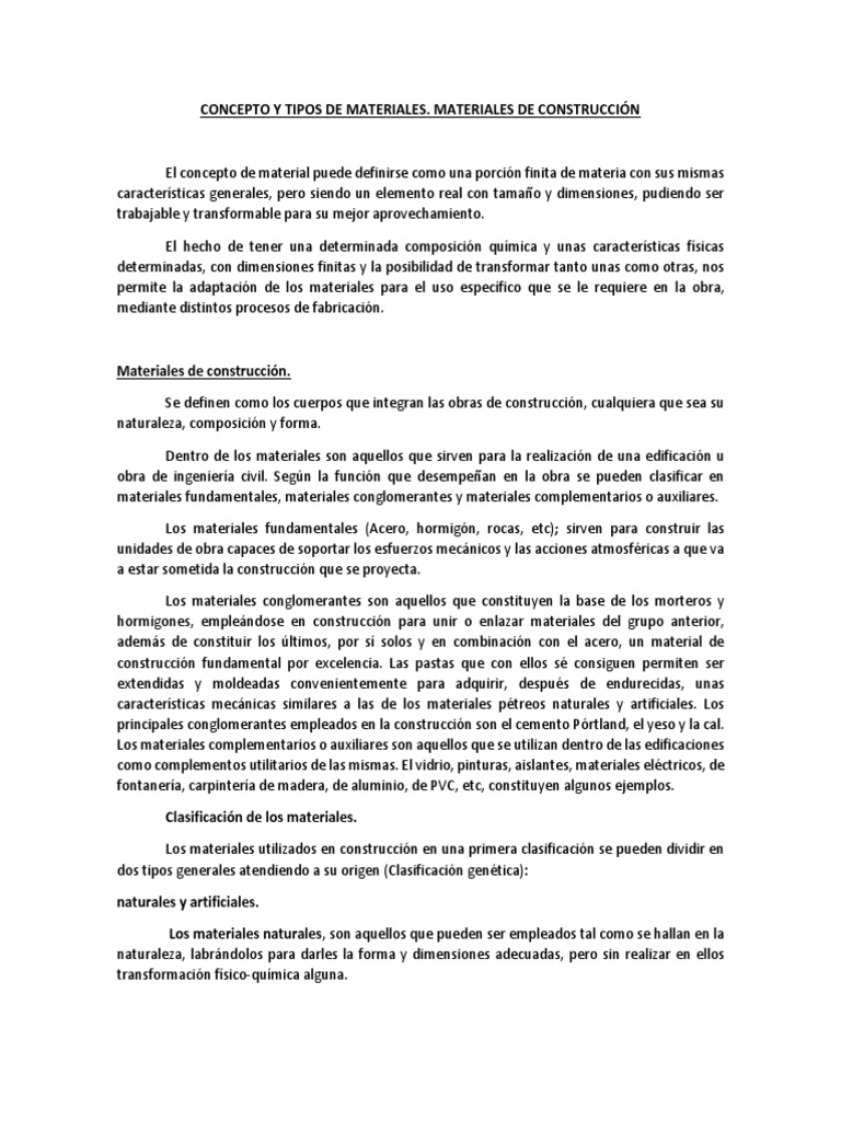Concepto y Tipos de Materiales | PDF | Materiales de construcción ...