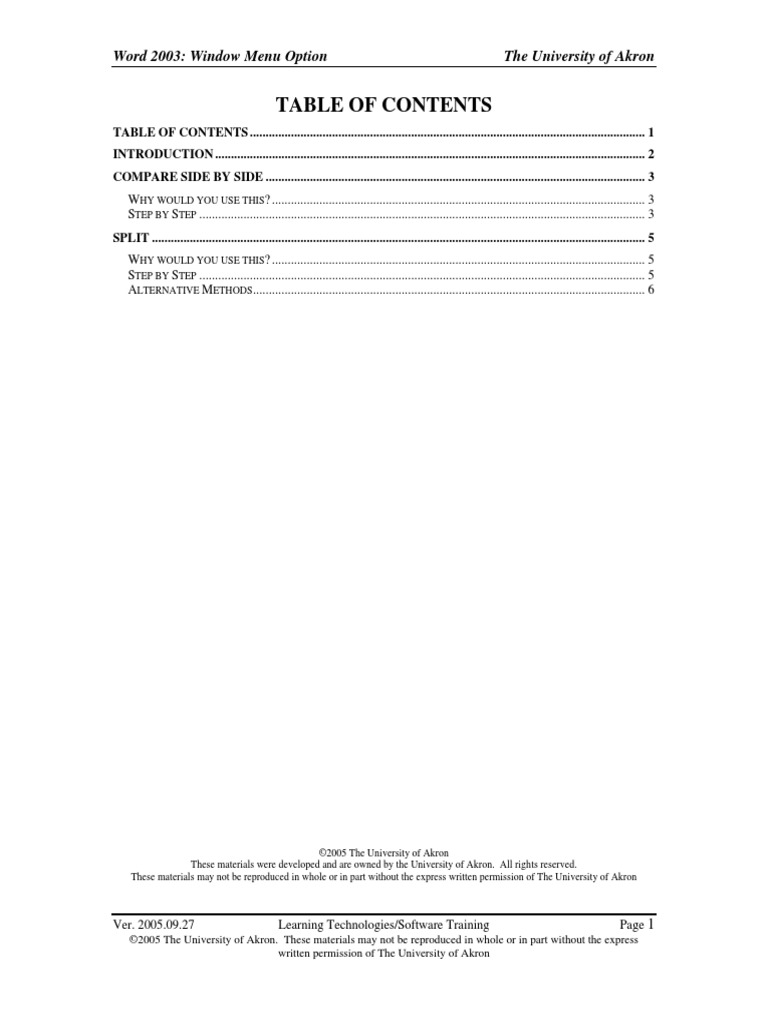 Word 2003: Window Menu Option The University of Akron | PDF | Software ...