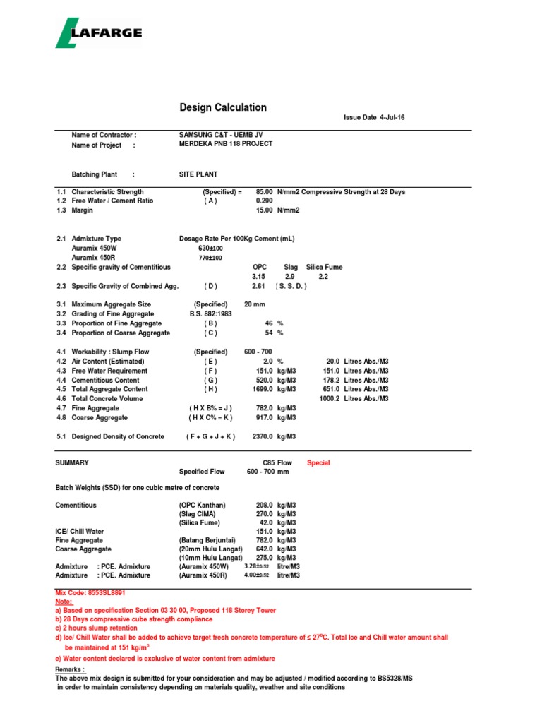 (Merdeka PNB 118) C85 Mix Design | PDF | Concrete | Building Materials