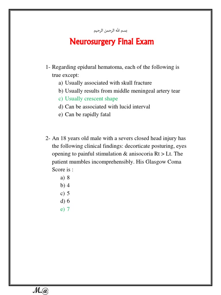 Neurosurgery Final Exam Review: Key Questions and Answers on Head ...