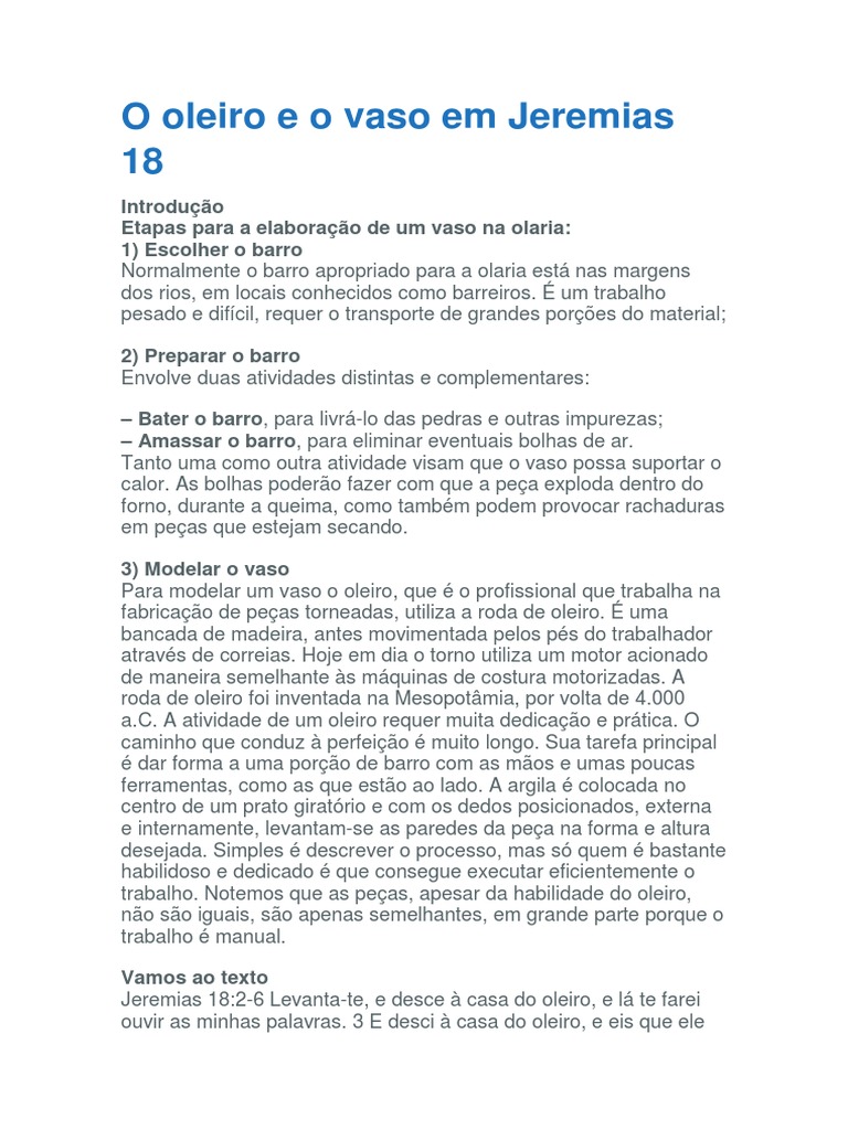O Oleiro E O Vaso Em Jeremias 18 Luciana Pregaçao Pdf Cerâmica