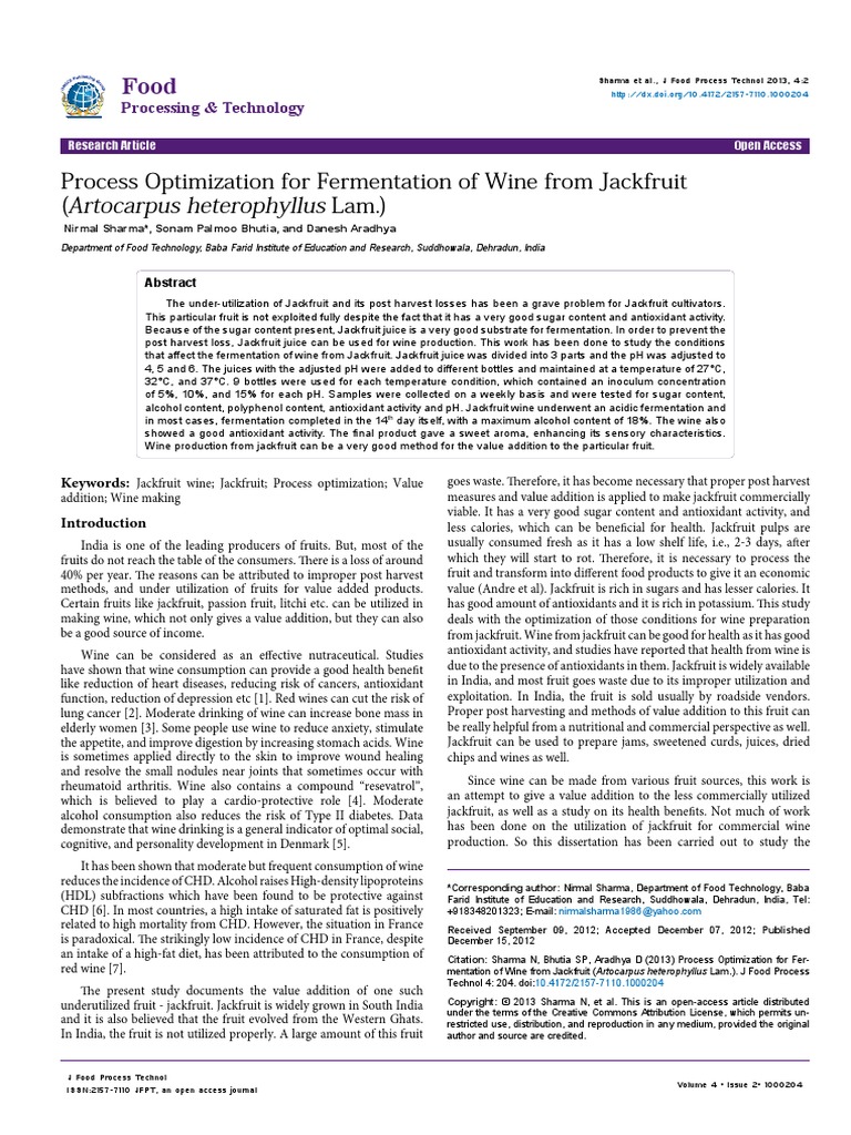 Process Optimization For Fermentation of Wine From Jackfruit Artocarpus Heterophyllus Lam 2157 ...