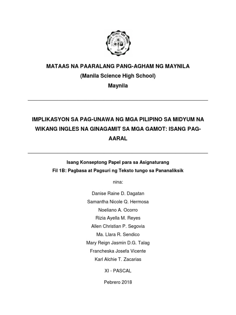 Implikasyon Sa Pag-Unawa NG Mga Pilipino Sa Midyum Na Wikang Ingles Na Ginagamit Sa Mga Gamot ...