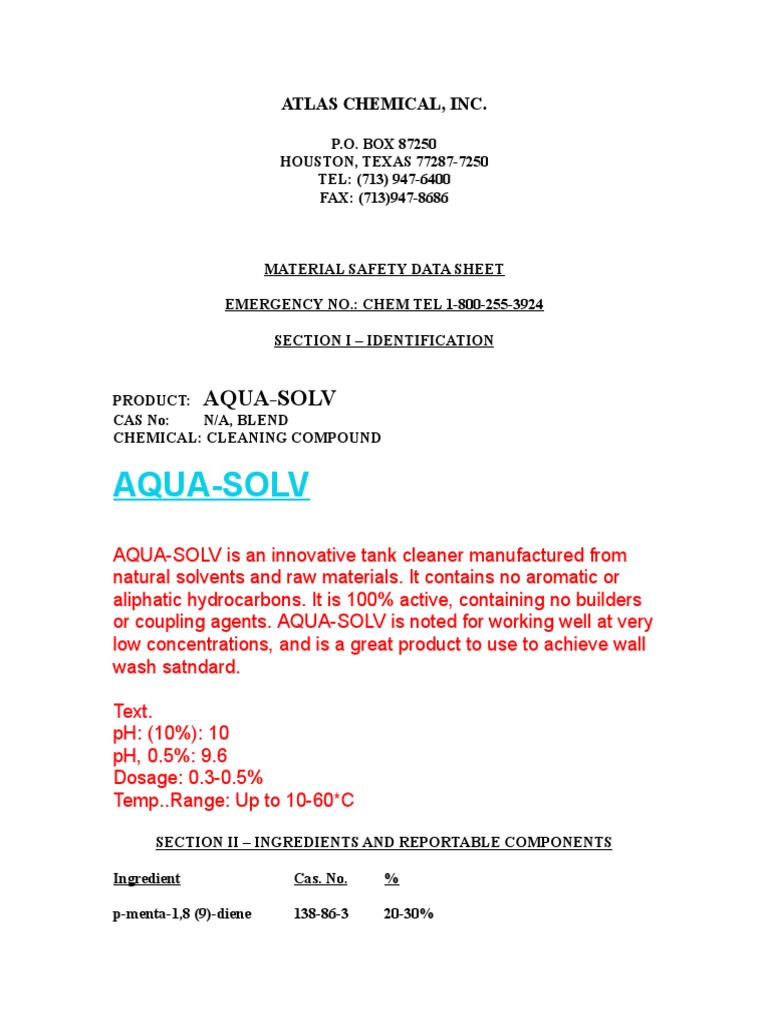 Aqua Solv Msds | PDF | Dangerous Goods | Chemical Substances