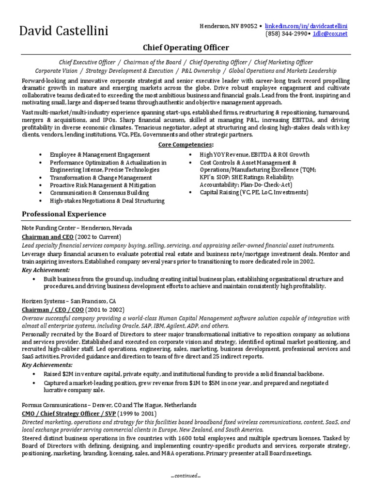 Chief Operations Officer in United States Resume David Castellini | PDF ...