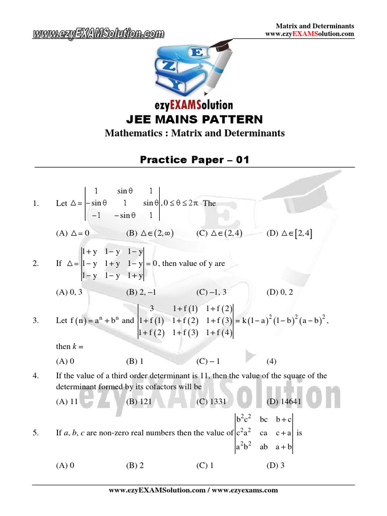 Jee Mains Pattern: Mathematics: Matrix and Determinants Practice Paper ...
