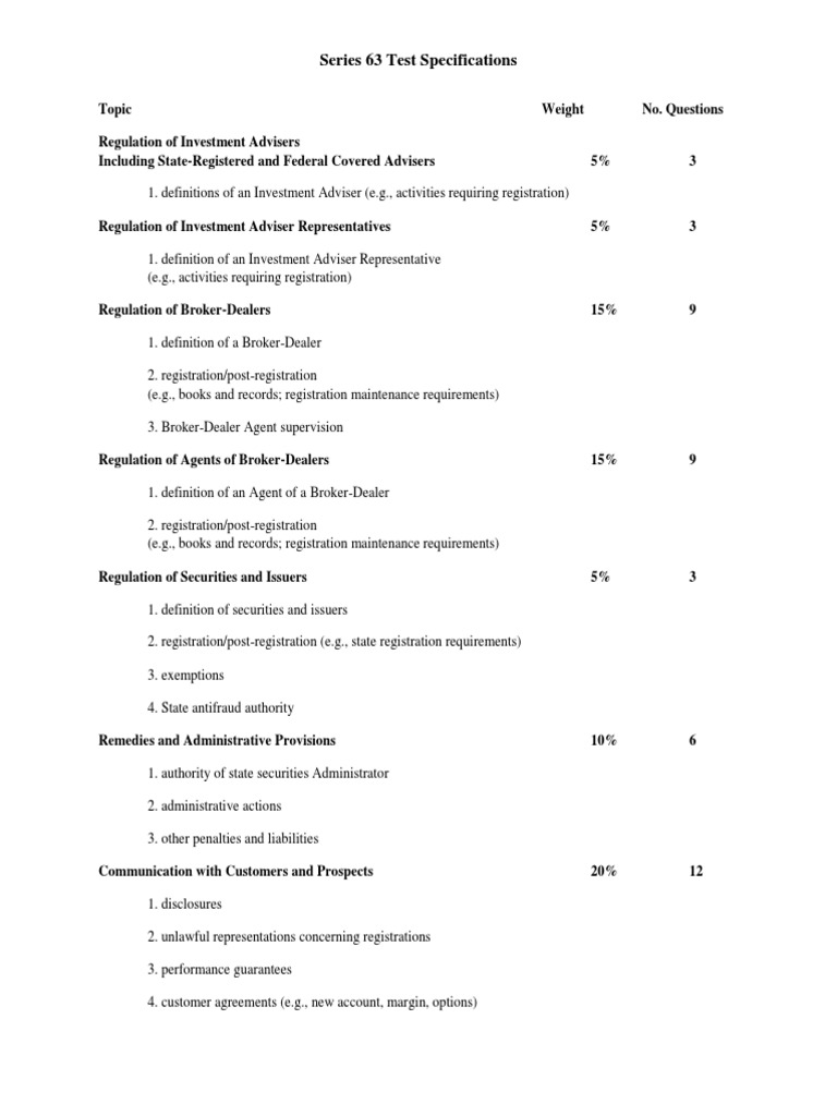 Series 63 Test Specs | PDF | Financial Adviser | Broker Dealer