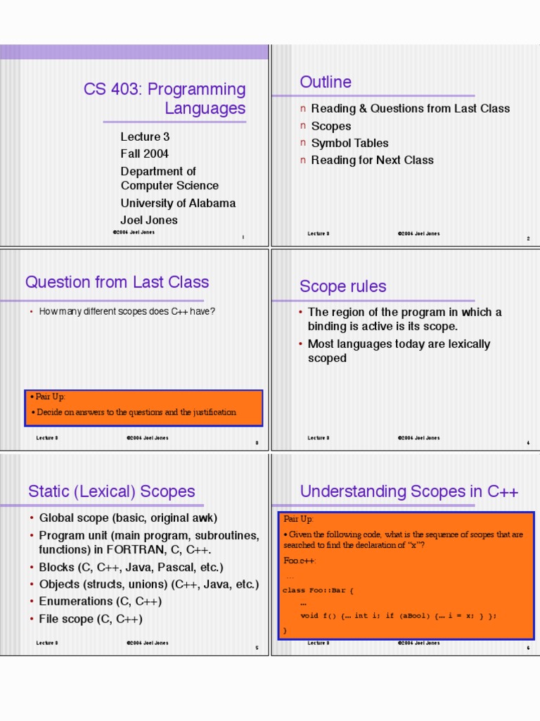 CS 403: Programming Languages Outline: N N N N | PDF | Scope (Computer ...