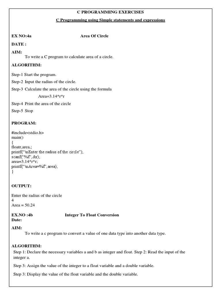 C Programming Exercises C Programming Using Simple Statements and ...