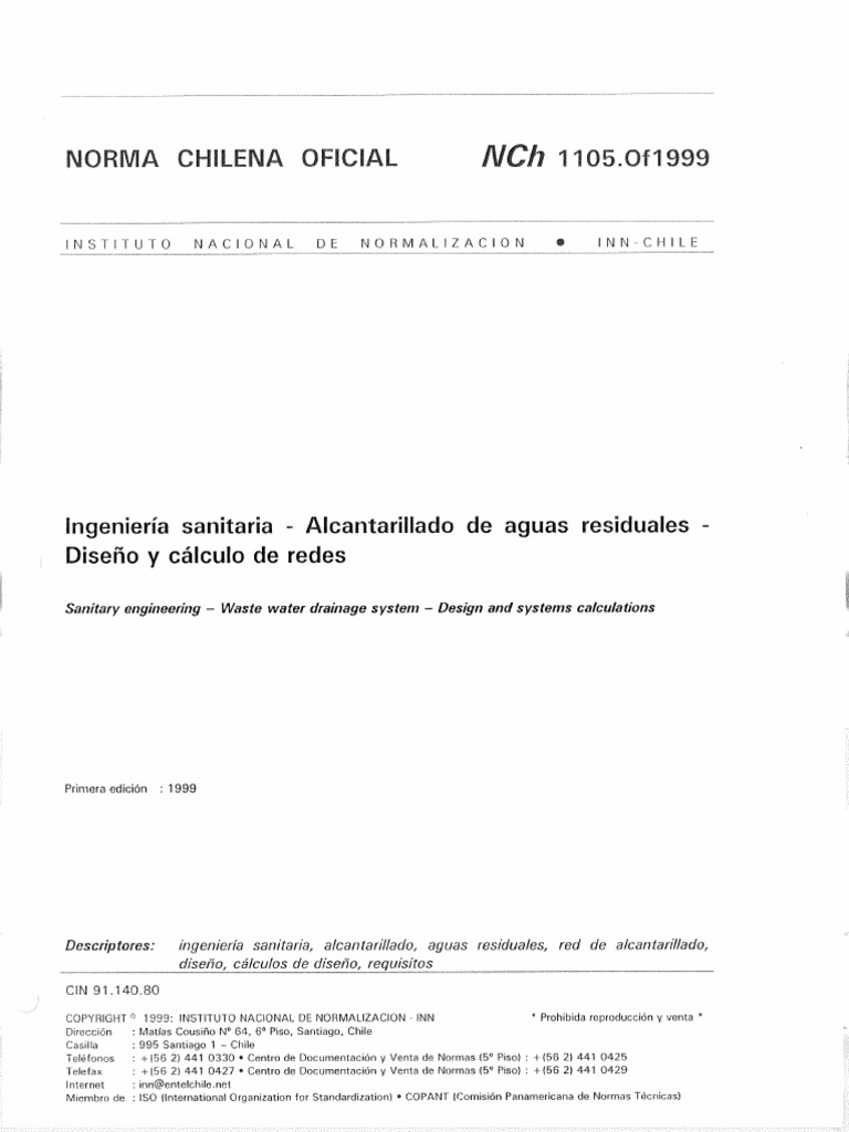 NCH 1105 - Diseño y Cálculo Redes Alcantarillado | PDF