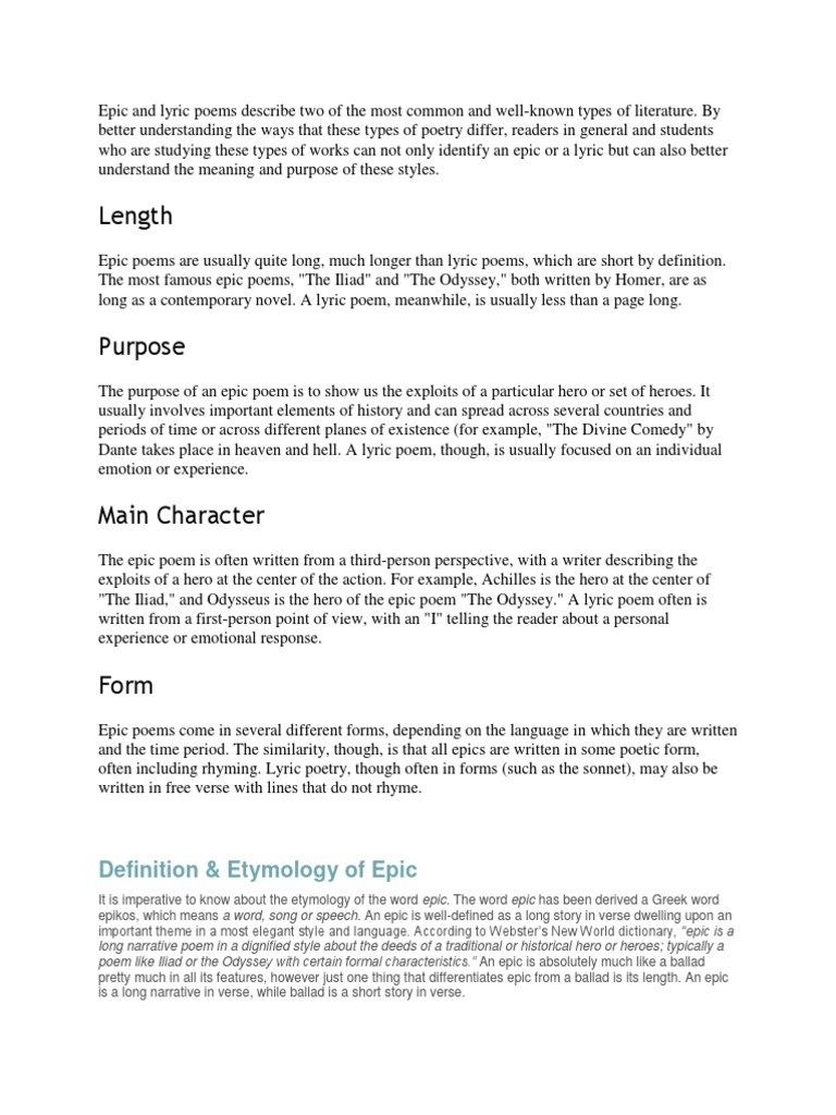 Epic and Lyric Poems Describe Two of The Most Common and Well | PDF ...