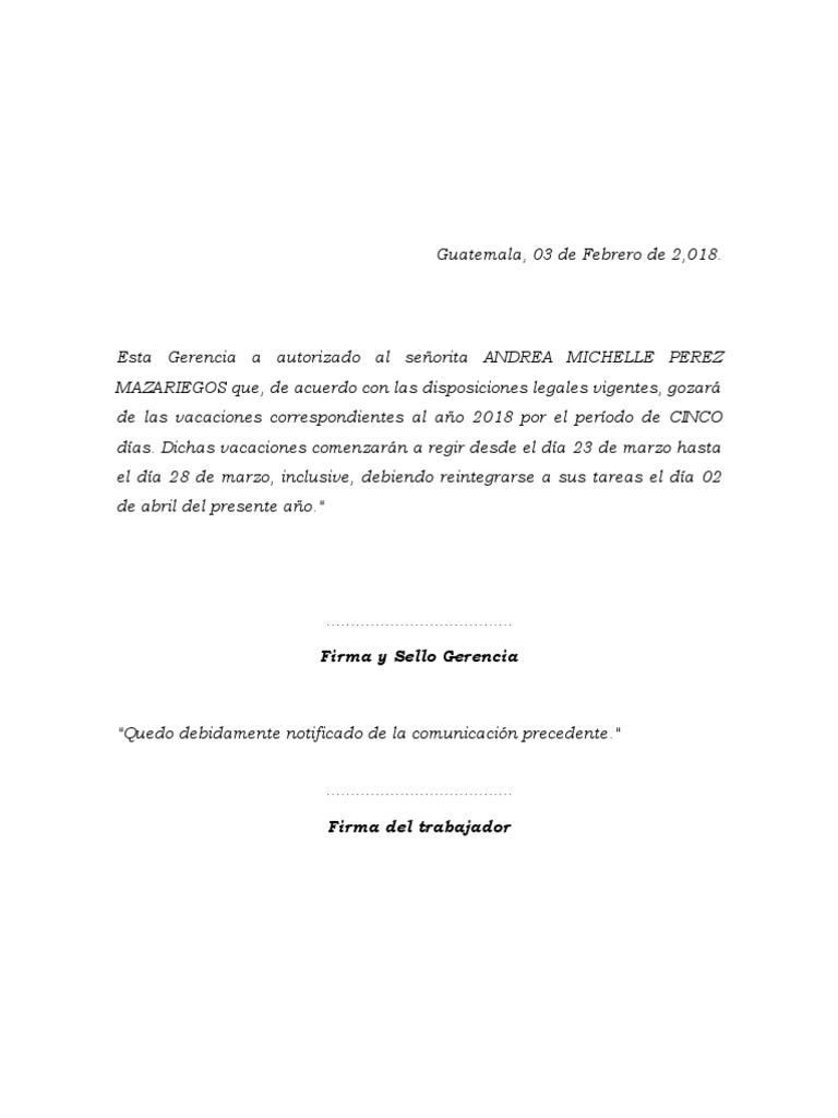Modelo de Notificación Comienzo de Vacaciones y Reintegro de Vacaciones