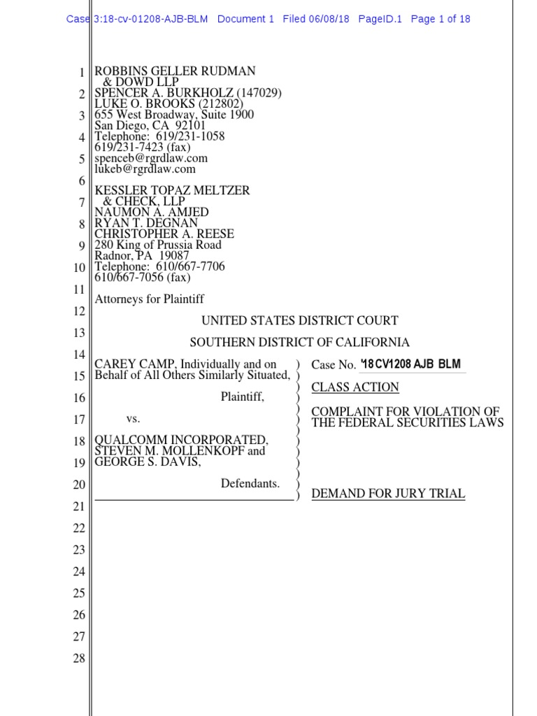 18 06 18 Camp Complaint | PDF | Class Action | Sec Rule 10b 5