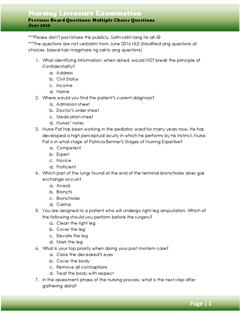 NLE 2016 JUNE (60+ Previous Board Questions) | PDF | Blood Pressure ...