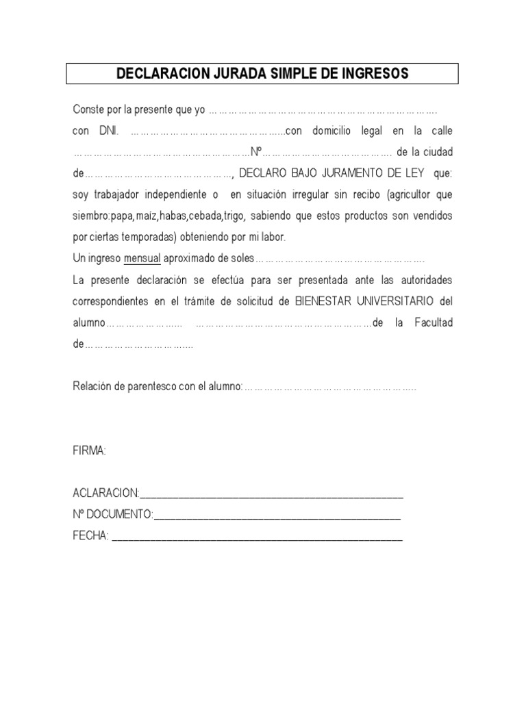 Declaracion Jurada Simple de Ingresos | PDF