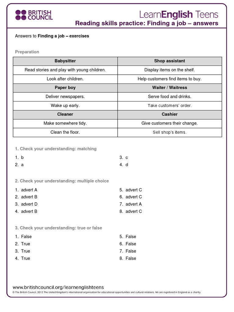 Reading Skills Practice: Finding A Job - Answers: - Exercises | PDF