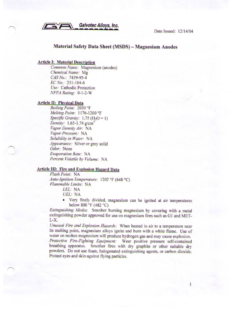 Magnesium Anodes MSDS | PDF