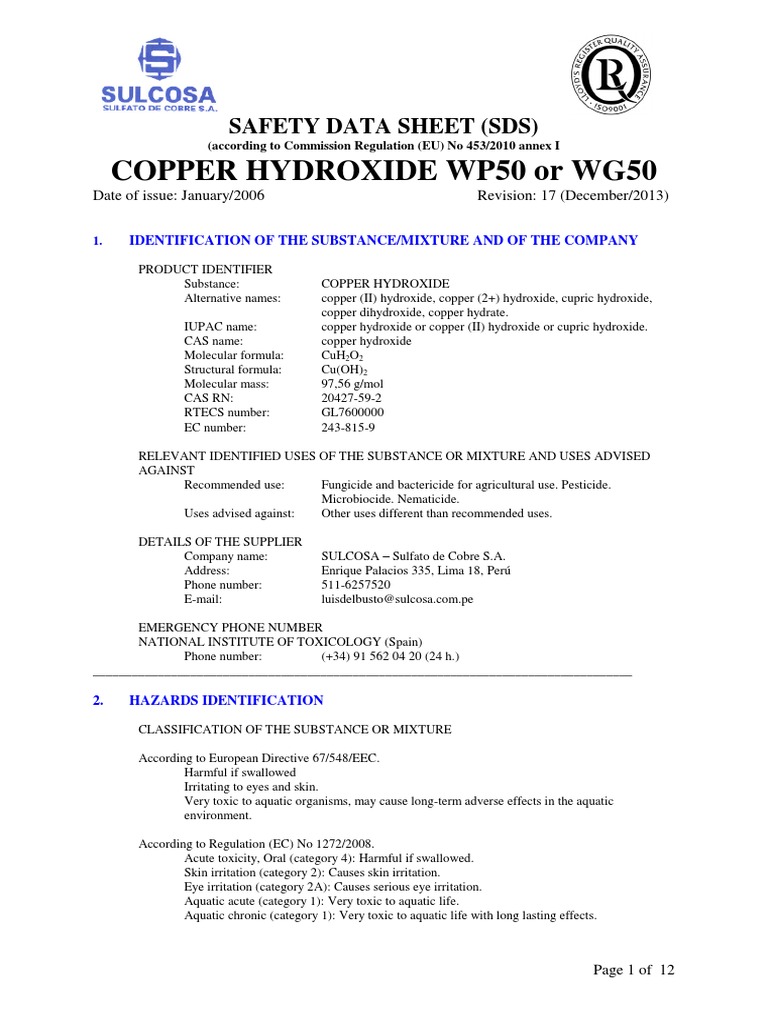 Copper Hydroxide Safety Guide | PDF | Dangerous Goods | Toxicity