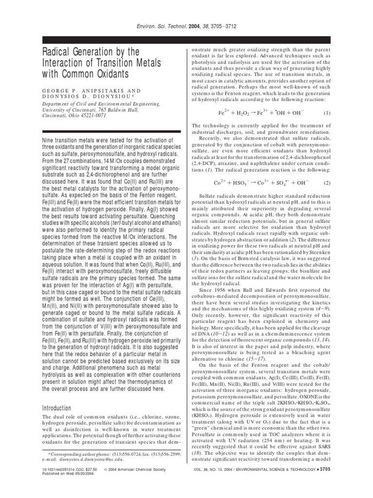 Radical Generation by The Interaction of Transition Metals With Common ...