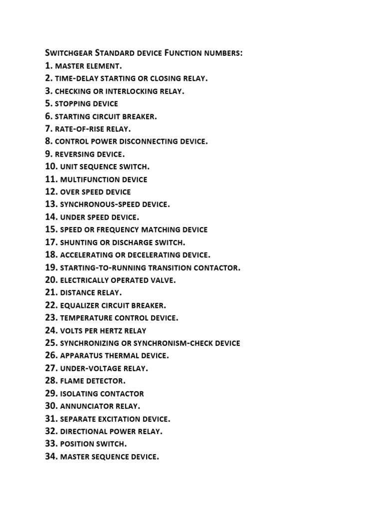 Switchgear Standard Device Function Numbers | PDF | Relay | Machines