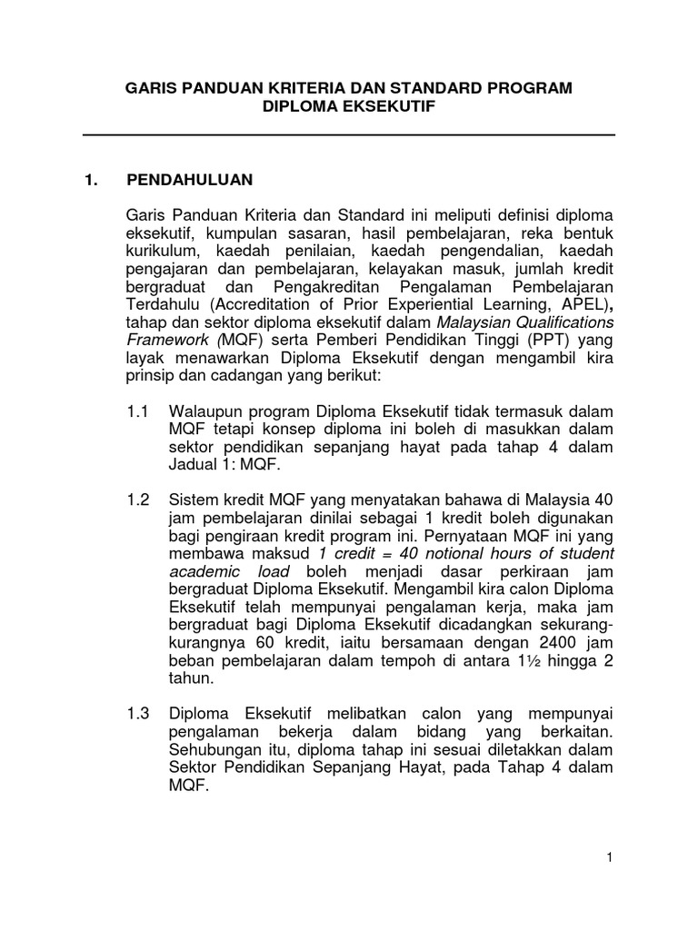 Garis Panduan Kriterian Dan Standard Program Diploma Eksekutif - MQA PDF | PDF