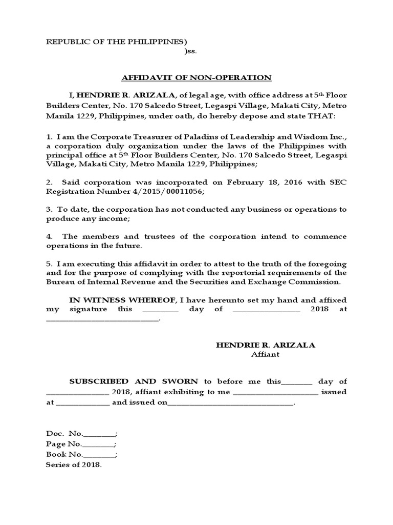 Affidavit of No Operation (Paladins2018) | PDF | Affidavit | Legal ...