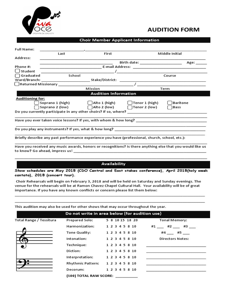 Audition Form 2018 | PDF | Audition | Choir