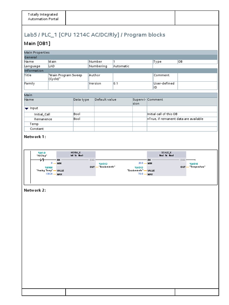 Lab5 / PLC - 1 (CPU 1214C AC/DC/Rly) / Program Blocks: Main (OB1) | PDF | Areas Of Computer ...