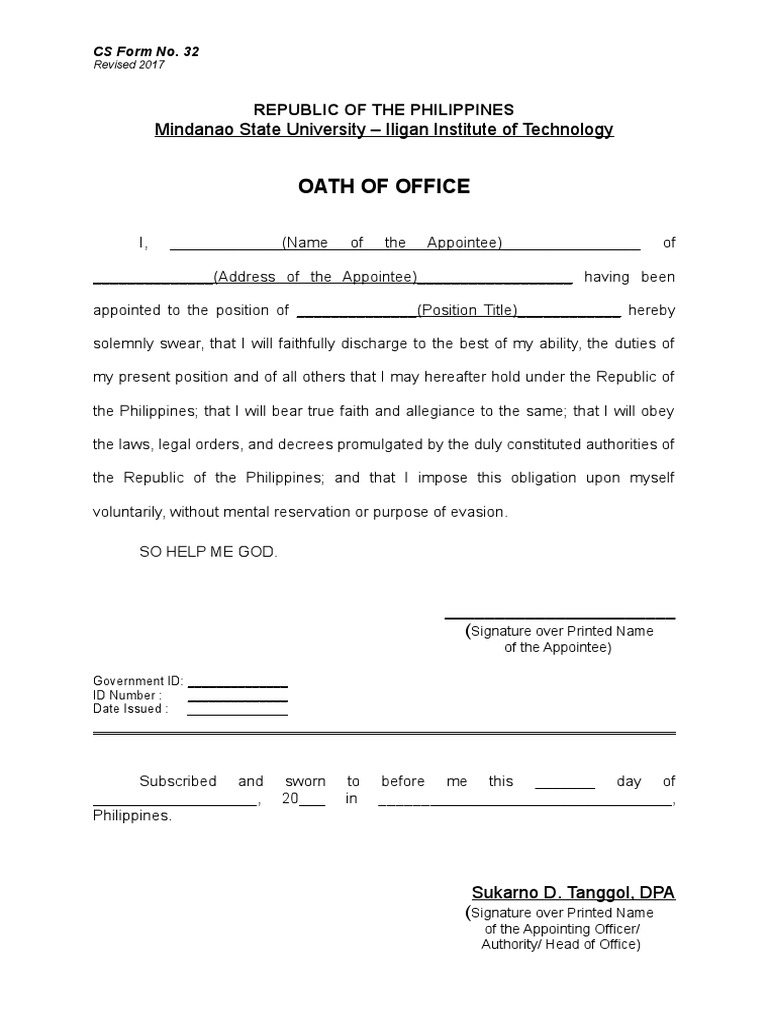 CS Form No. 32 Oath of Office | PDF