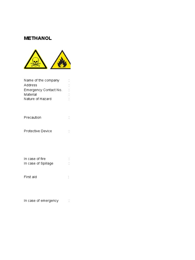 Methanol: Name of The Company: Address: Emergency Contact No.: Material ...