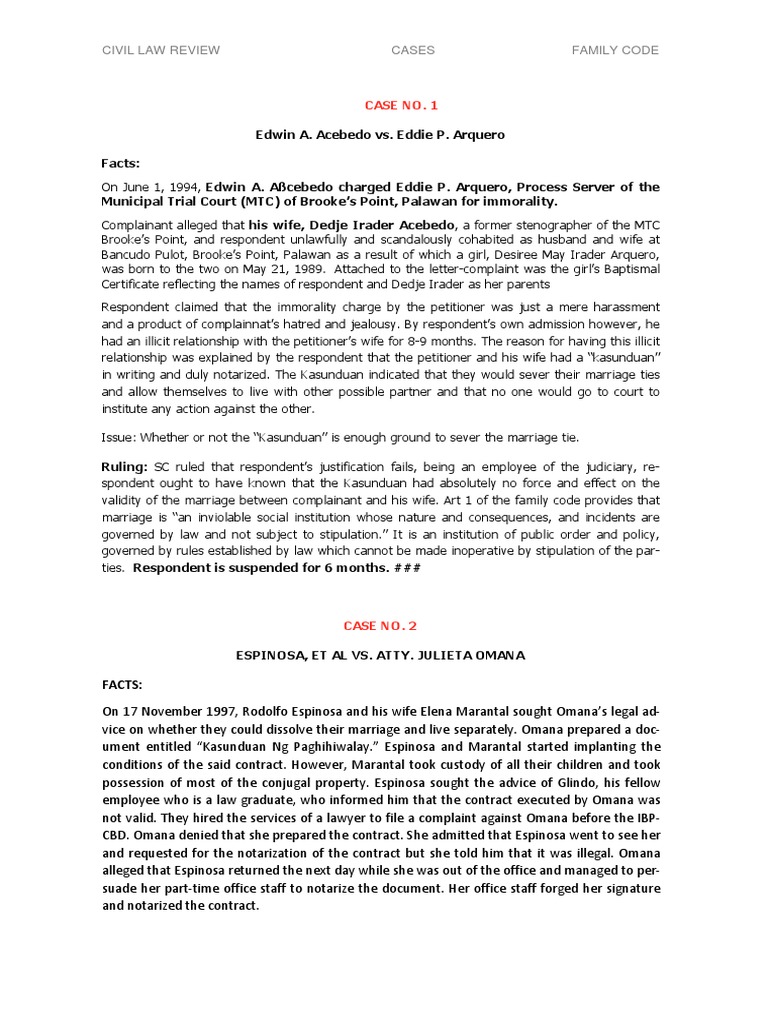 Civil Law Review Cases Family Code (Consolidated) | PDF | Marriage ...