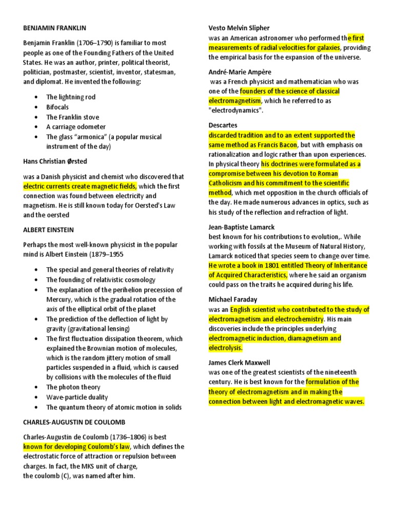 Benjamin Franklin Vesto Melvin Slipher | PDF | Electromagnetism ...