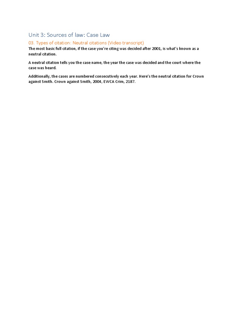 Unit 3: Sources of Law: Case Law: 03. Types of Citation: Neutral ...