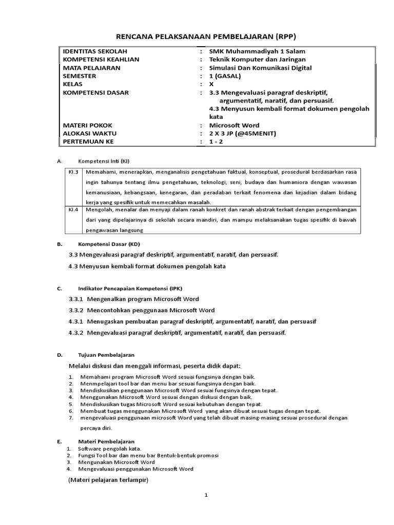 RPP KELAS X Microsoft Word Simdig | PDF