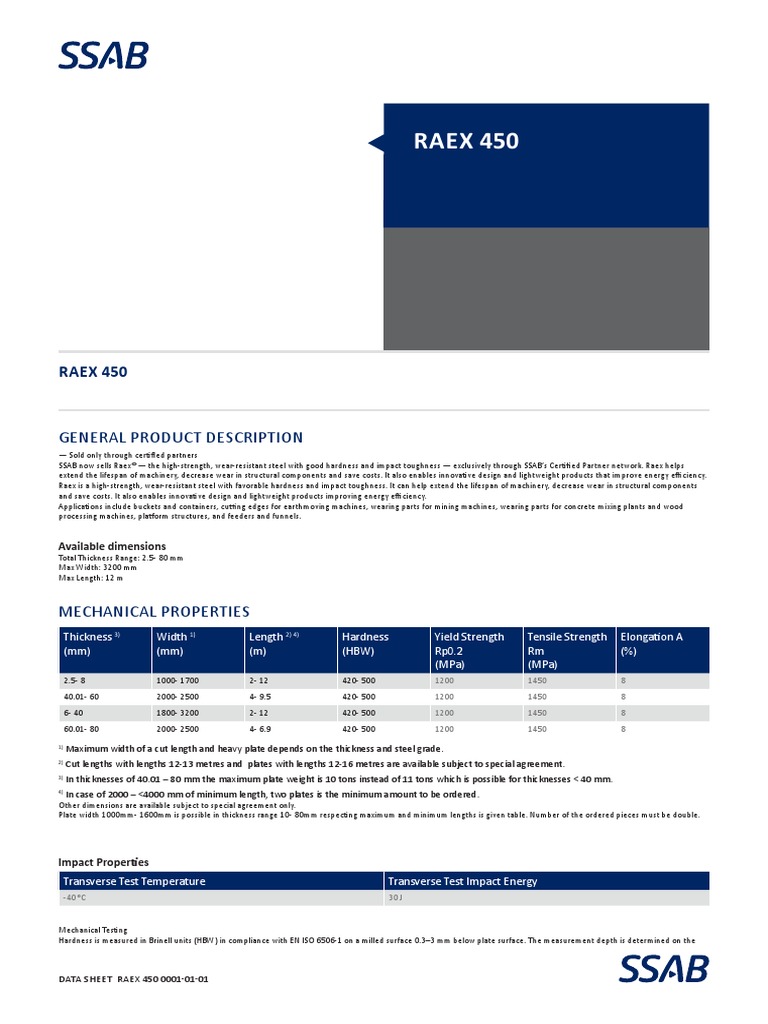 Data Sheet Raex 450 | Download Free PDF | Strength Of Materials | Hardness