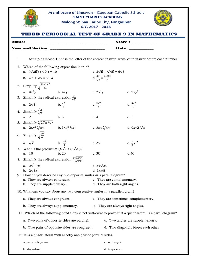 Grade 9 Math Third Periodical Test | PDF | Geometry | Euclidean Geometry
