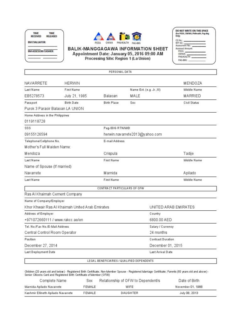 Balik-Manggagawa Information Sheet: Appointment Date: January 05, 2016 ...