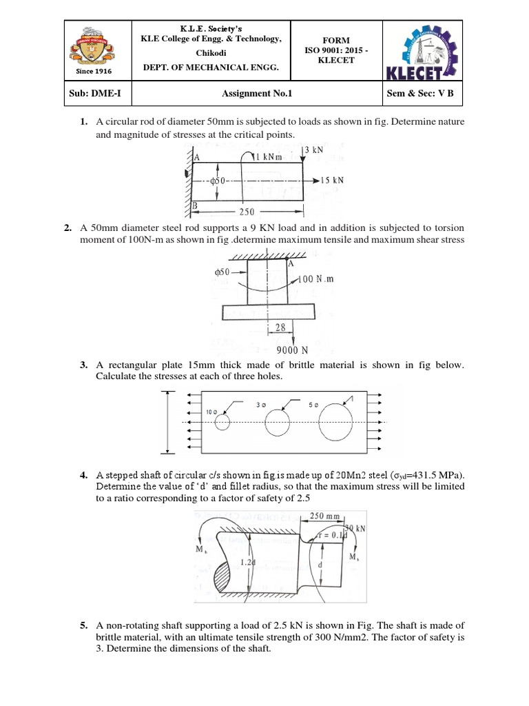 1st Assignment DME-I | PDF | Strength Of Materials | Stress (Mechanics)