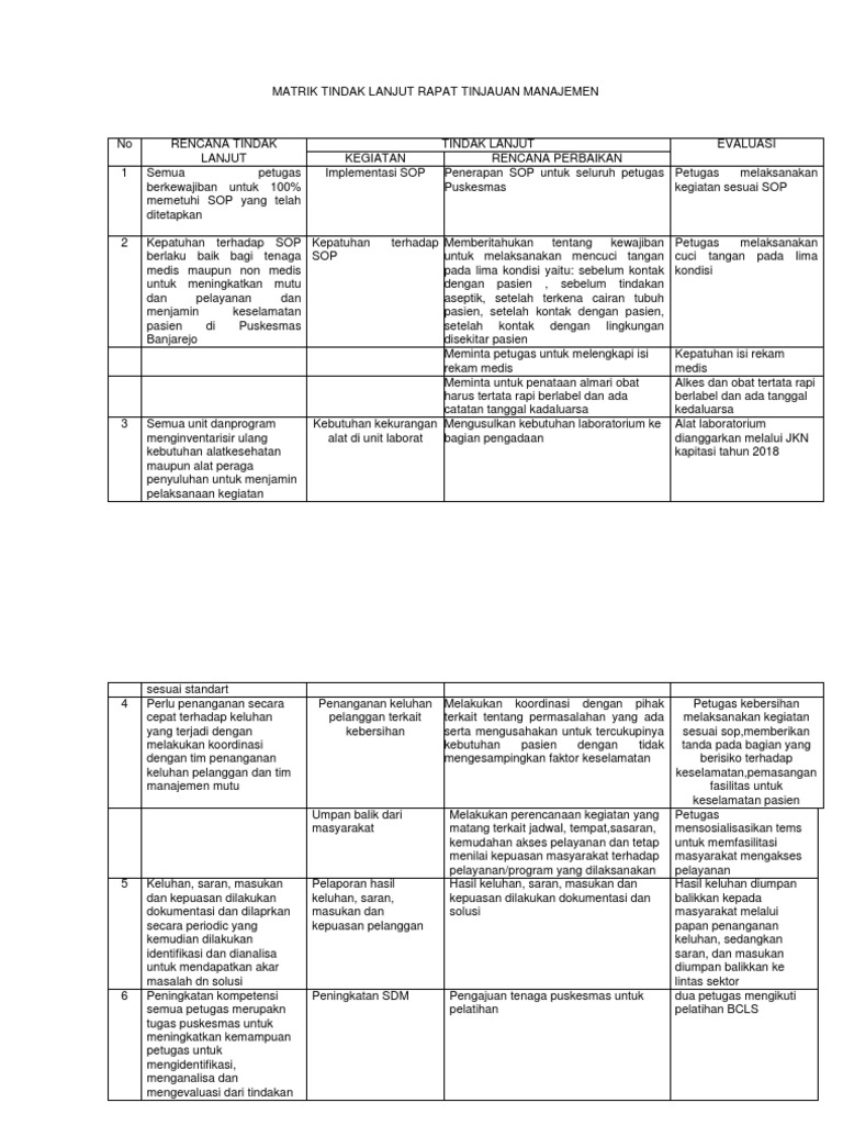 Matrik Tindak Lanjut Rapat Tinjauan Manajemen | PDF