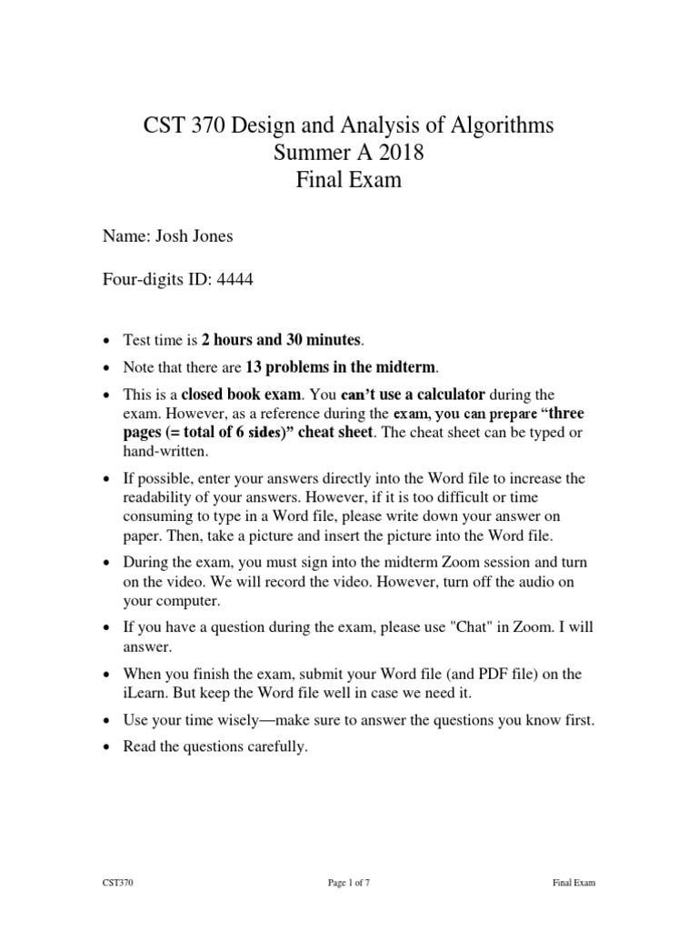 CST 370 Final Exam | PDF | Algorithms | Areas Of Computer Science