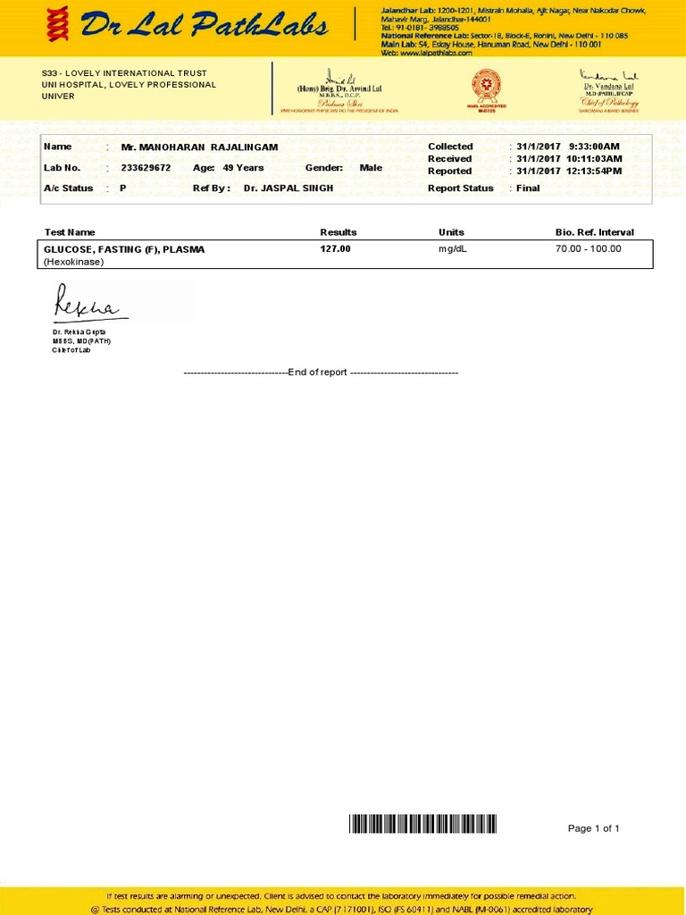Fasting Glucose Test Report - Male 49 | PDF