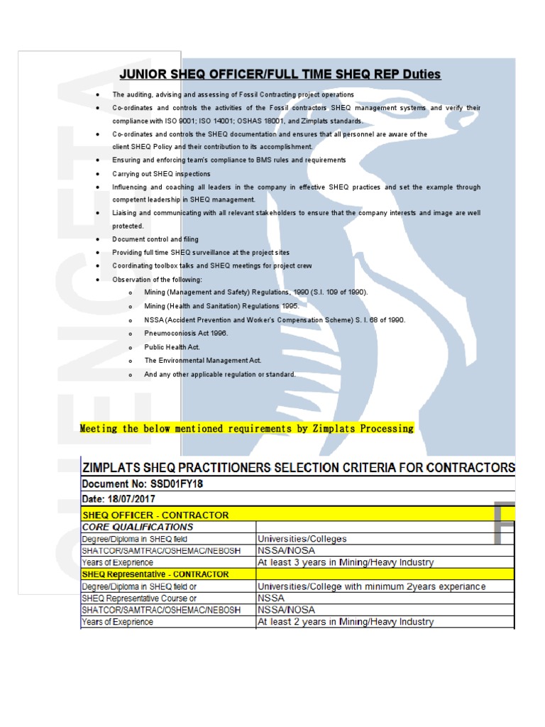 Full Time SHEQ Rep Duties | PDF