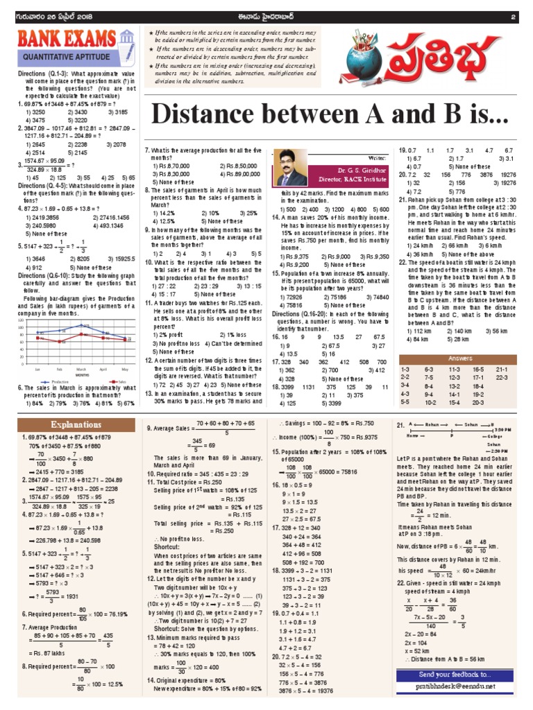 Distance Between A and B Is... : Quantitative Aptitude | PDF | Speed | Economies