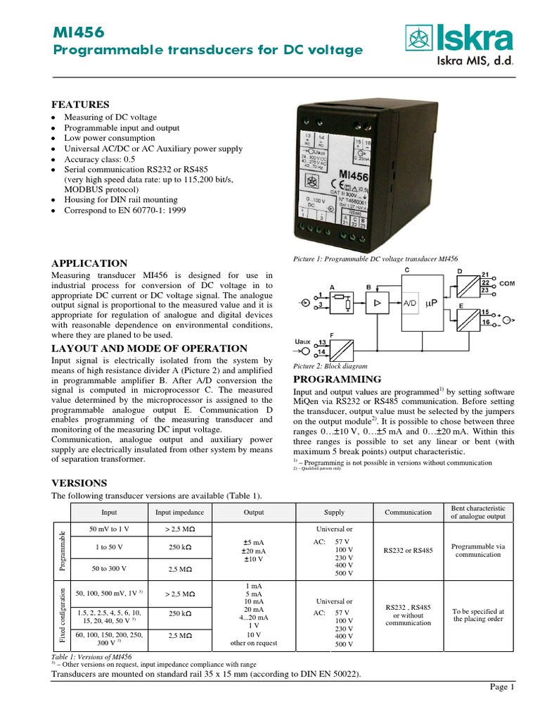 ISKRA MI 456 Measuring Transducer Datasheet | PDF | Power Supply ...