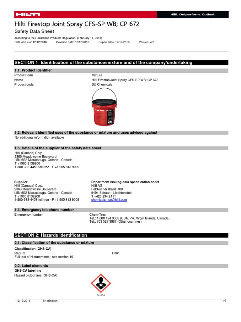 Msds CFS-SP WB Hilti | PDF | Toxicity | Occupational Safety And Health