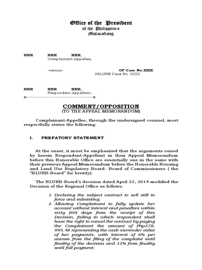 Comment/Opposition To The Appeal Memorandum To The Office of The ...