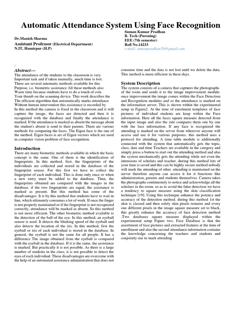 Automatic Attendance System Using Face Recognition: Abstract | PDF | Eigenvalues And ...